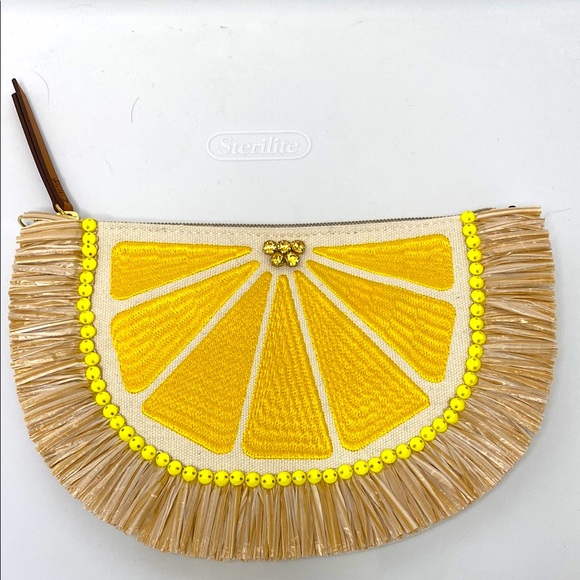 Bags | Stella And Dot Lemon Slice Canvas Raffia Fringe Beaded Clutch Bag Pouch Nwot | Poshmark
